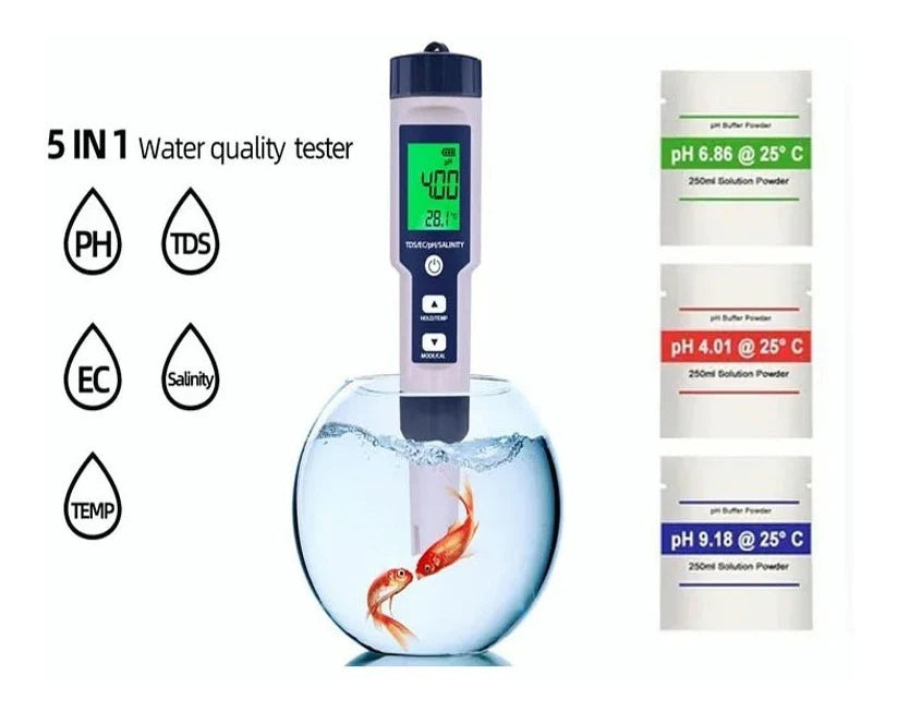 Medidor 5 en 1 TDS/EC/PH/Salinidad y temperatura